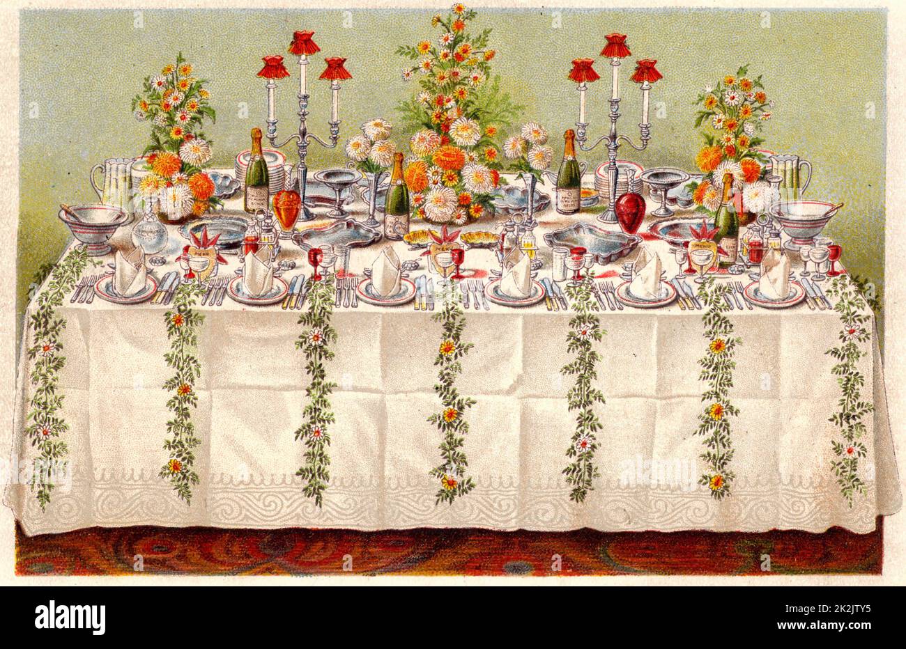 Table covered with a linen cloth and set for a buffet for ball or an ...
