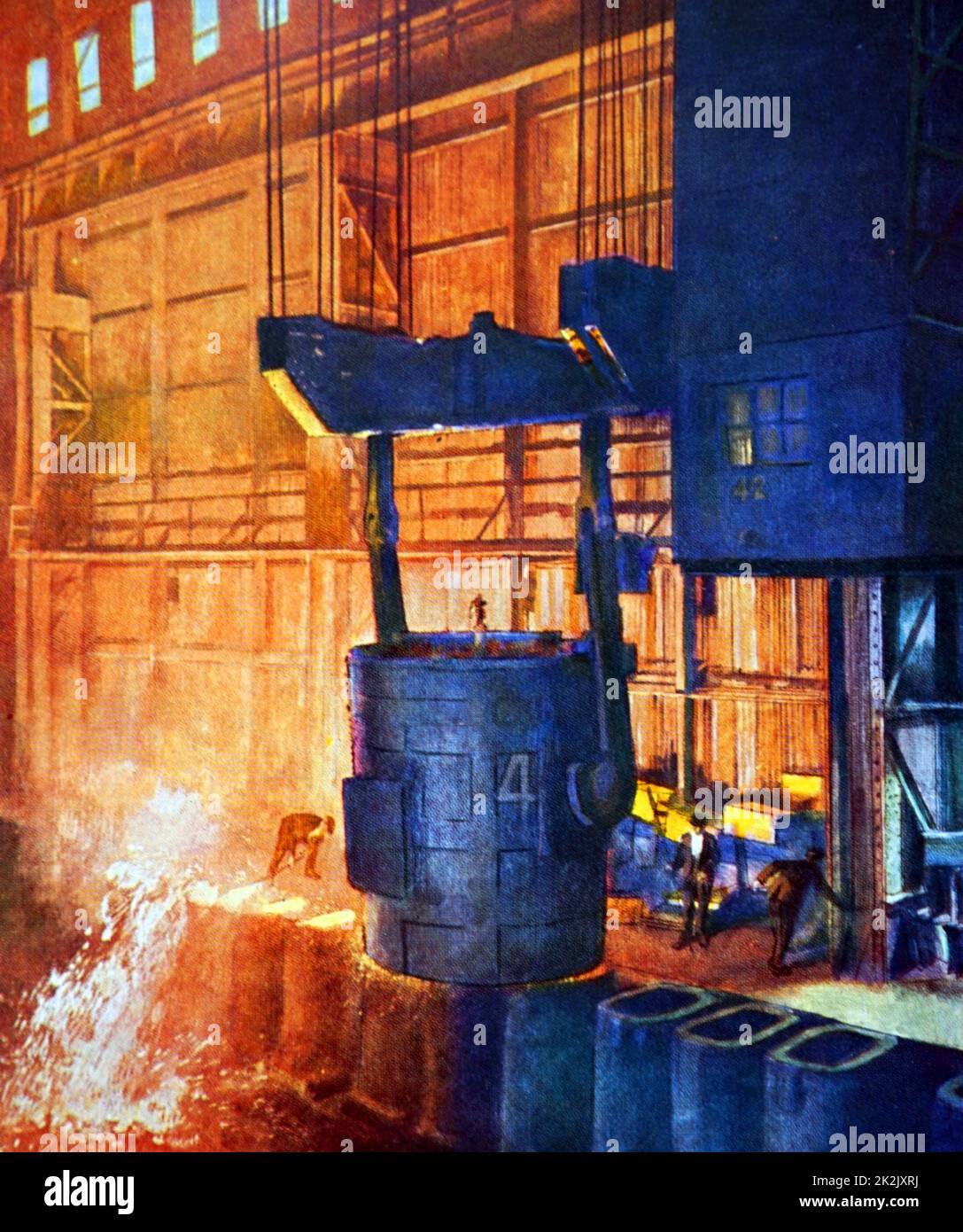 Molten steel being poured into ingot moulds at Ebbw Vale Steel Works ...