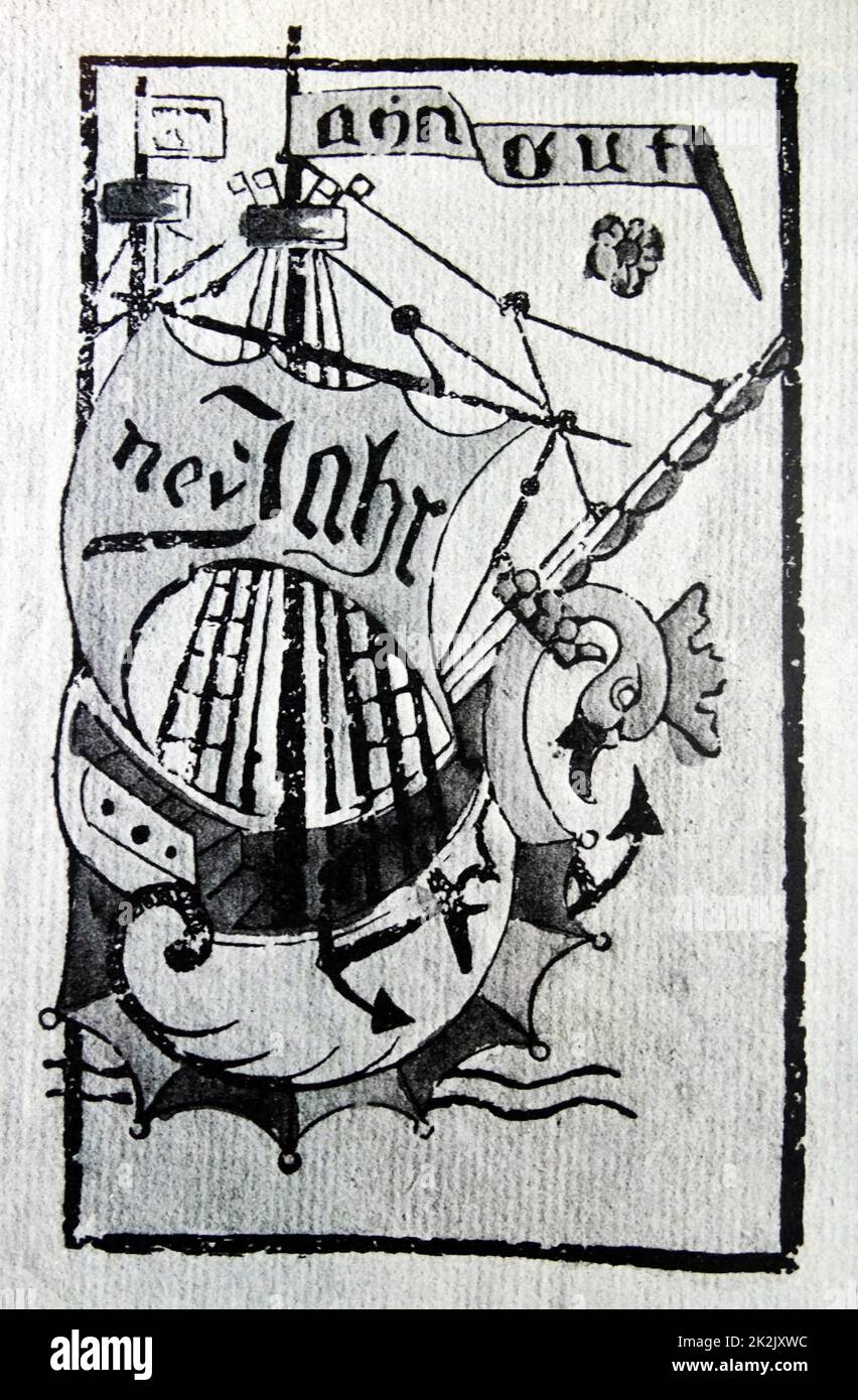A ship is depicted on a new year's woodcut from Basel 1460 Stock Photo ...