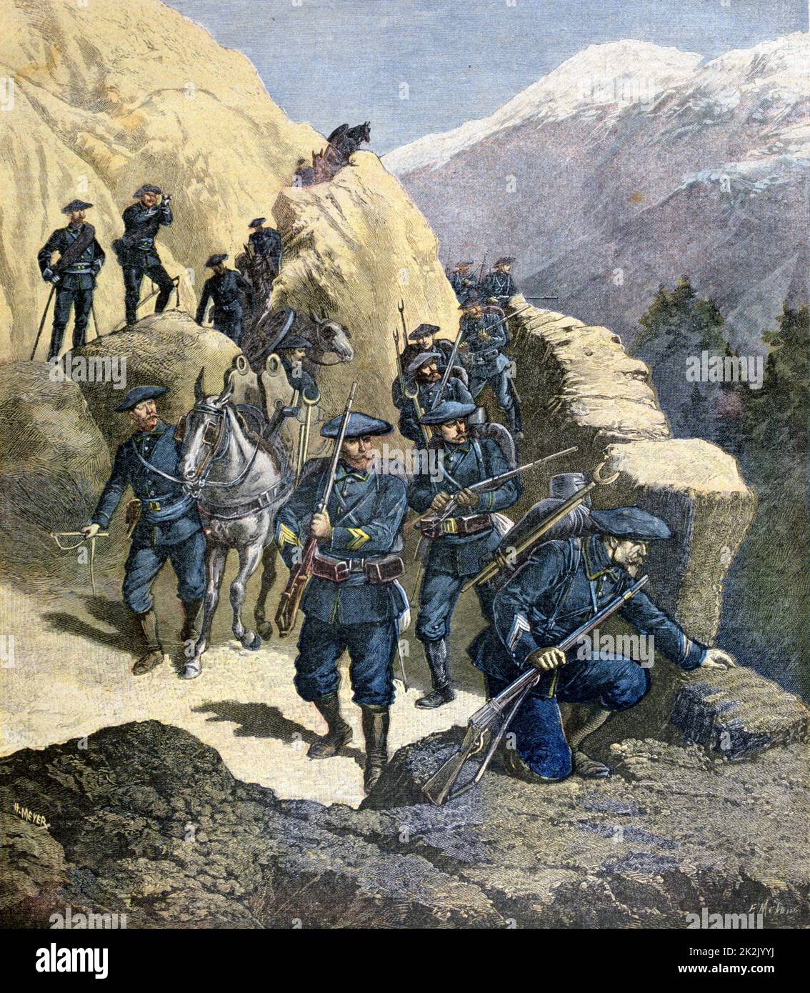 French Alpine Chasseurs on a mountain track with mules as pack animals ...