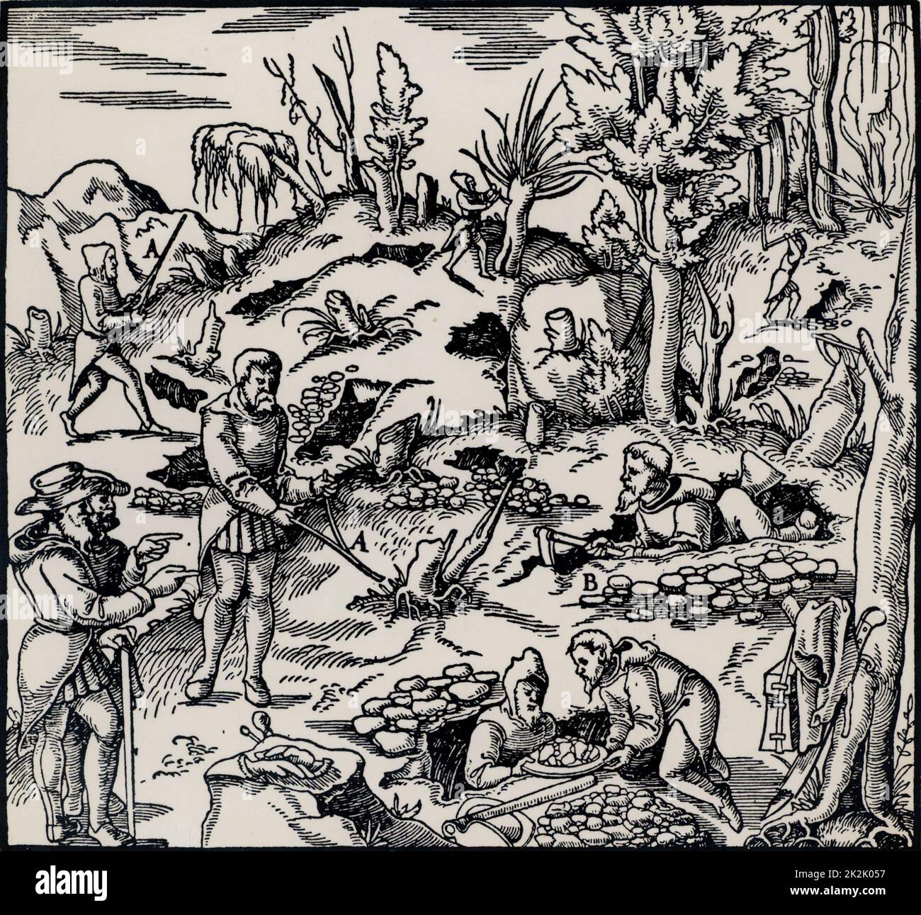 Prospecting for metals using divining rods (A,A) and trenching (B ...