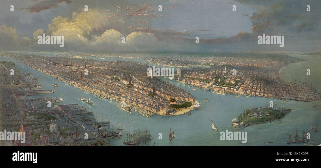 Bird's-eye view of New York city and harbour with New Jersey waterfront ...