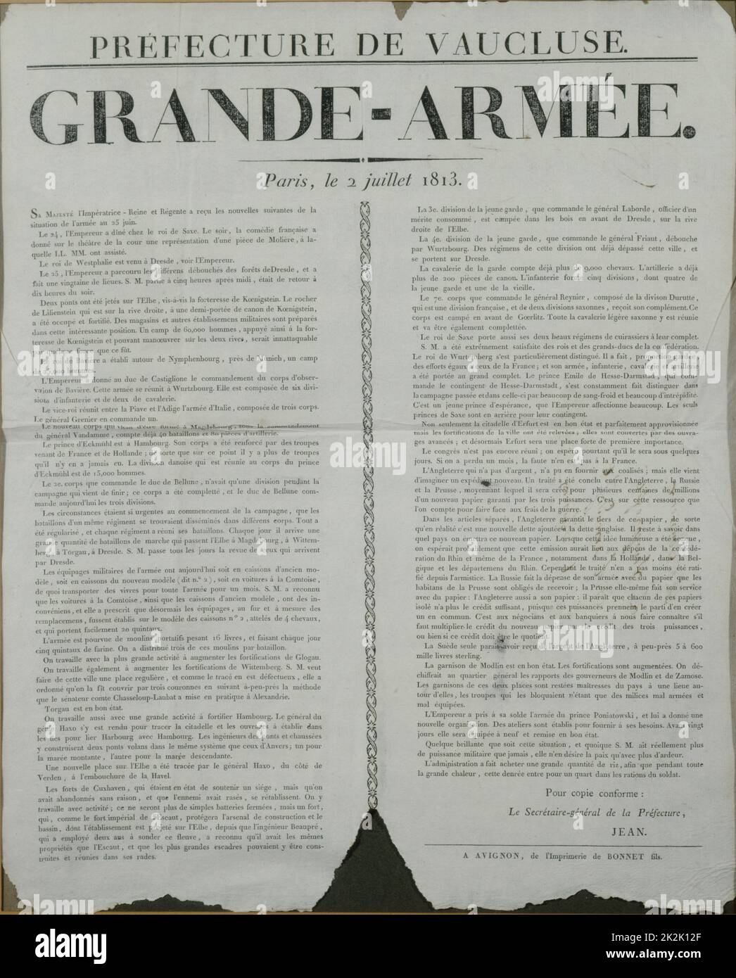 Proclamation of the Grand Army, dated July 2, 1813. Announcement of the ...