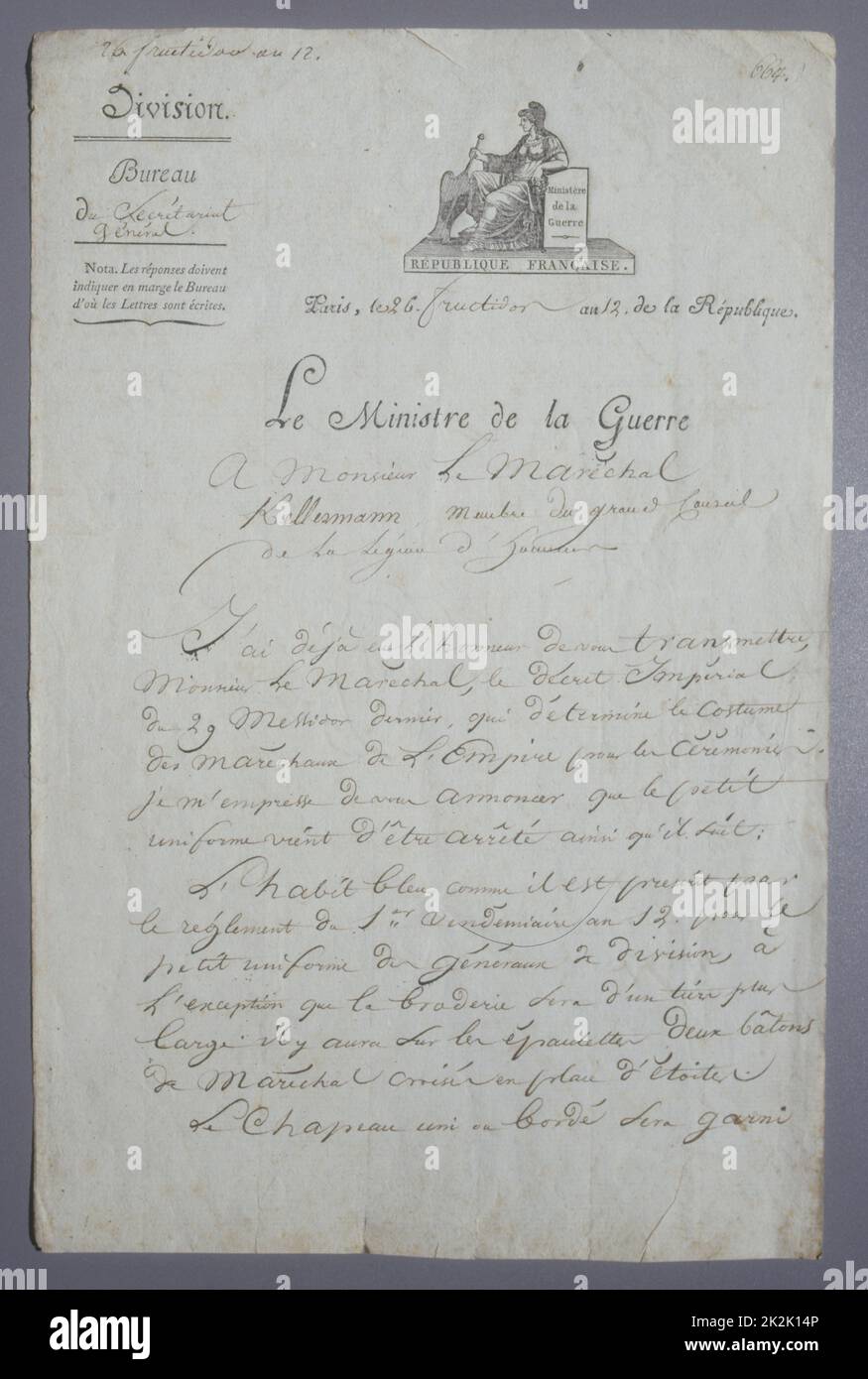 Letter of Alexandre Berthier to Marshal Kellermann: description of the ...