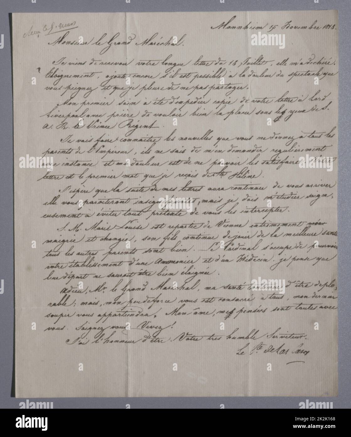 Autograph letter written by Las Cases to Grand Marshal Bertrand on St ...