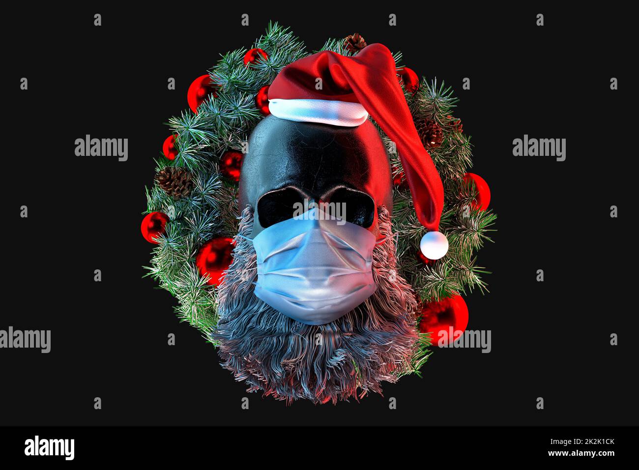 Skull of Santa Claus in medical mask with Christmas wreath on ...