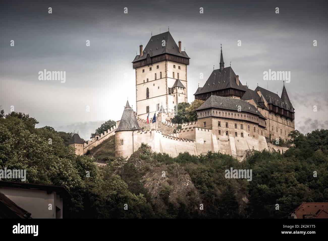 View of Karlstein Castle, a large Gothic castle founded in 1348 by King ...