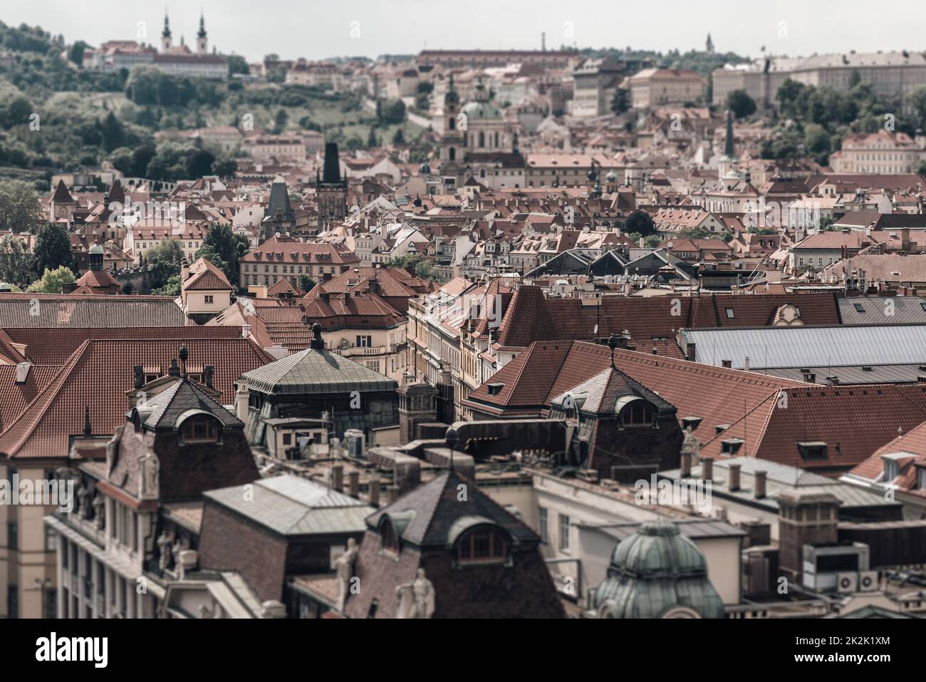 Prague cityscape with tilt-shift effect as seen from the The Old Town ...