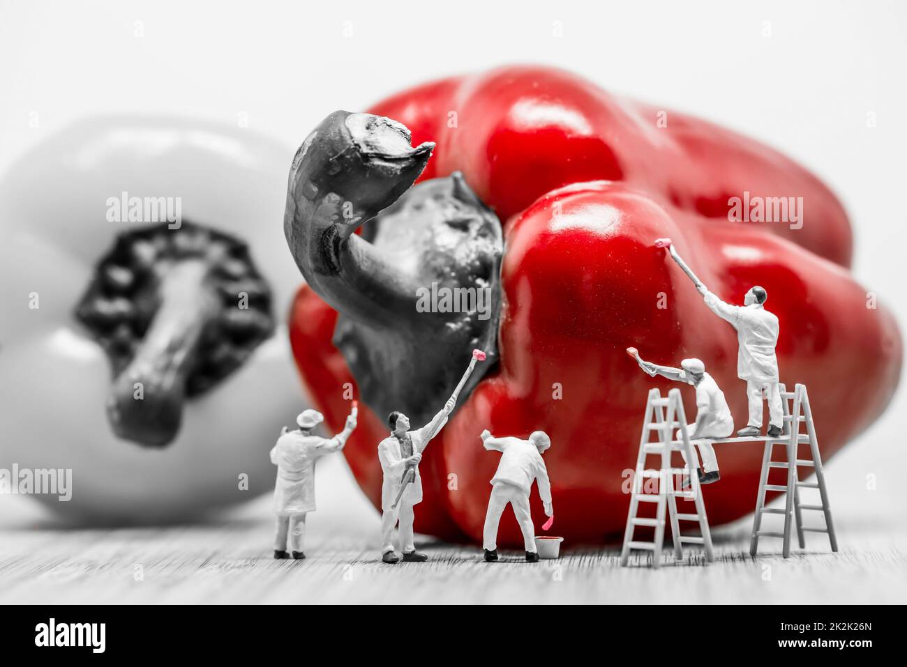 Miniature painters coloring bell pepper. Macro photo Stock Photo - Alamy