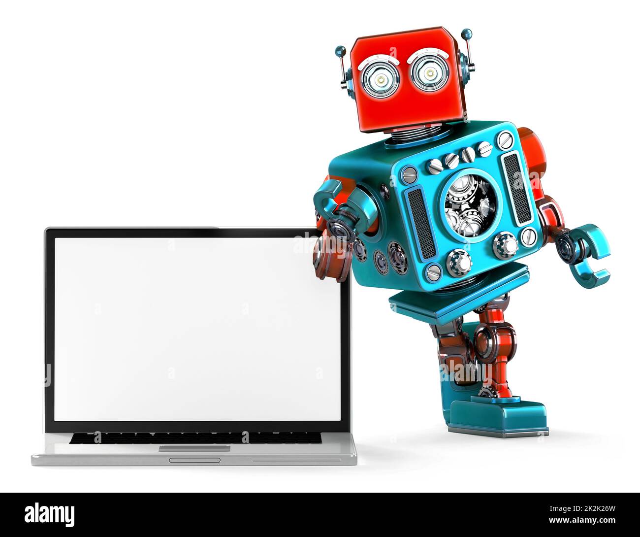 Retro Robot with blank screen laptop. 3d illustration. Isolated ...
