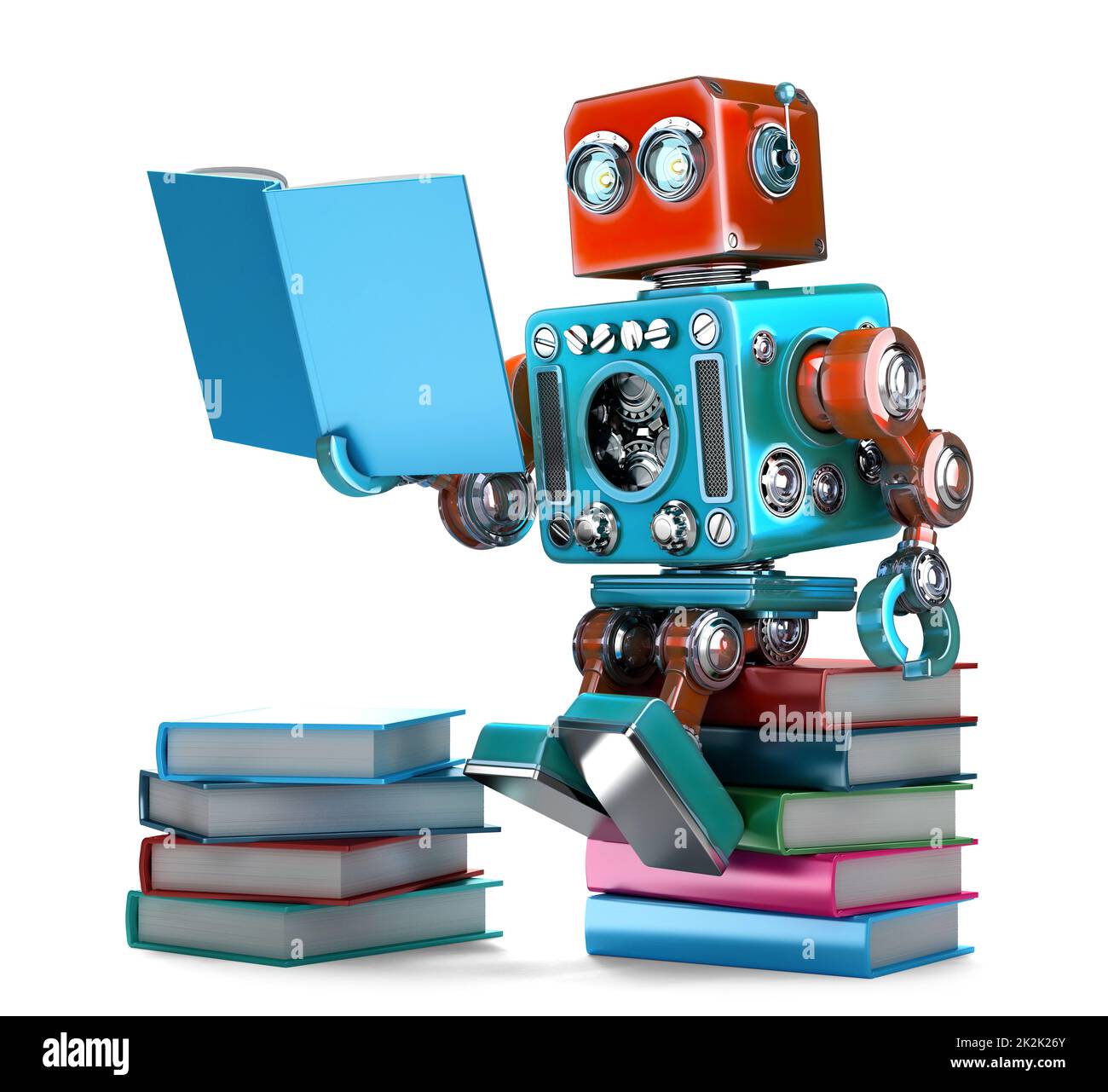 Retro Robot reading books. Isolated. 3D illustration. Contains clipping ...