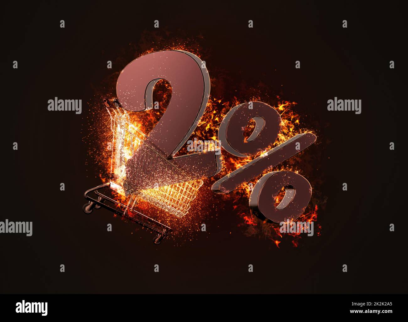 Burning shopping cart and red two percent discount sign. 3D ...