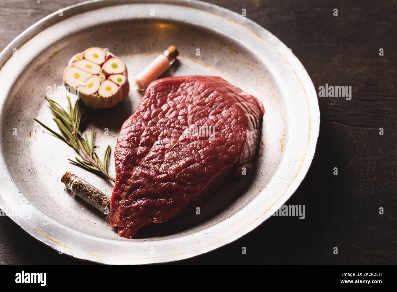 Fresh meat top view. Raw beef steak and spices for cooking Stock Photo ...