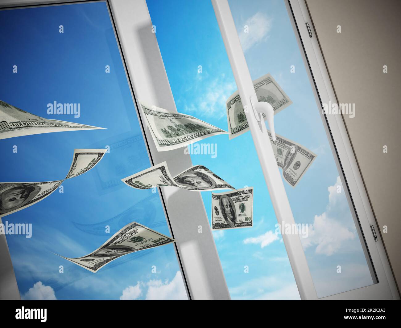 Dollars flying out of the window. 3D illustration Stock Photo - Alamy