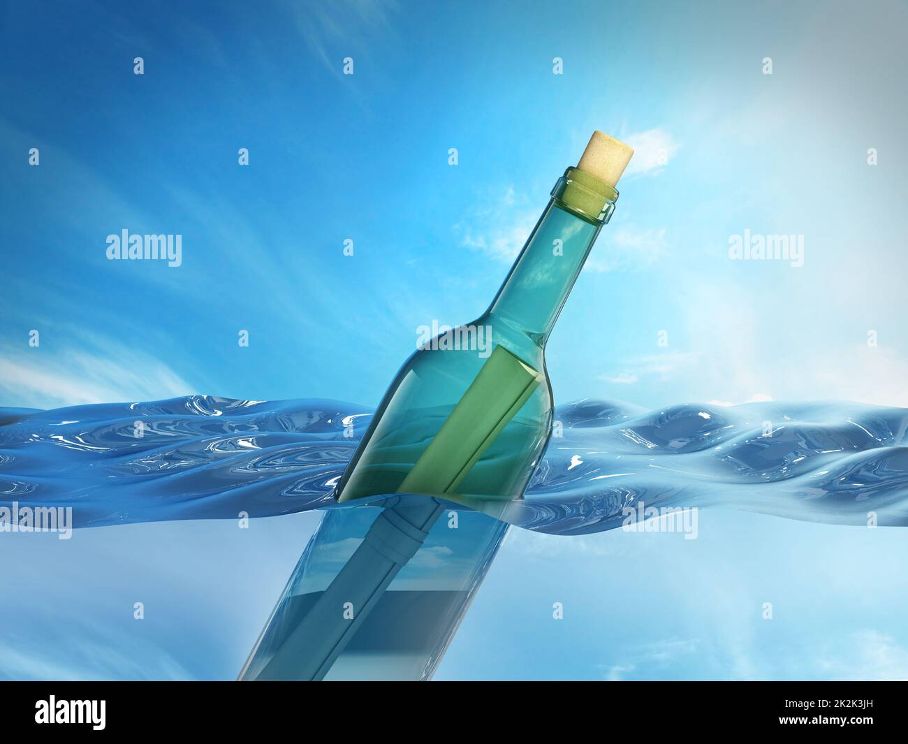Message in a bottle floating on sea level. 3D illustration Stock Photo ...