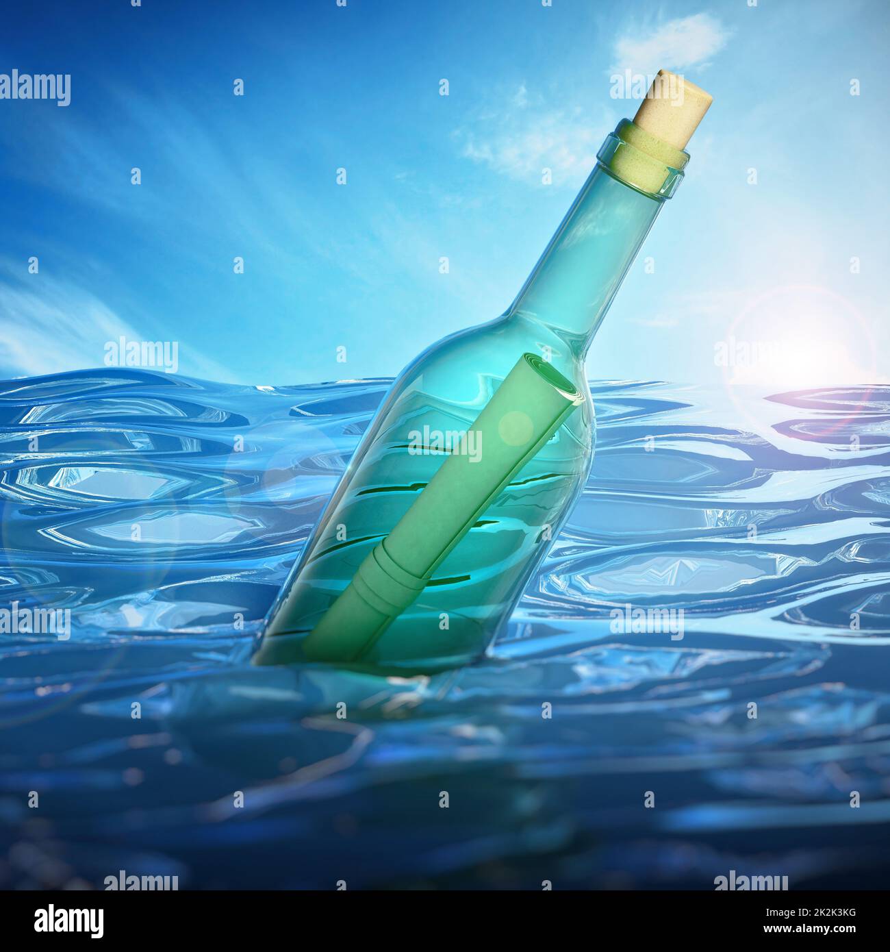 Message in a bottle floating on sea level. 3D illustration Stock Photo ...