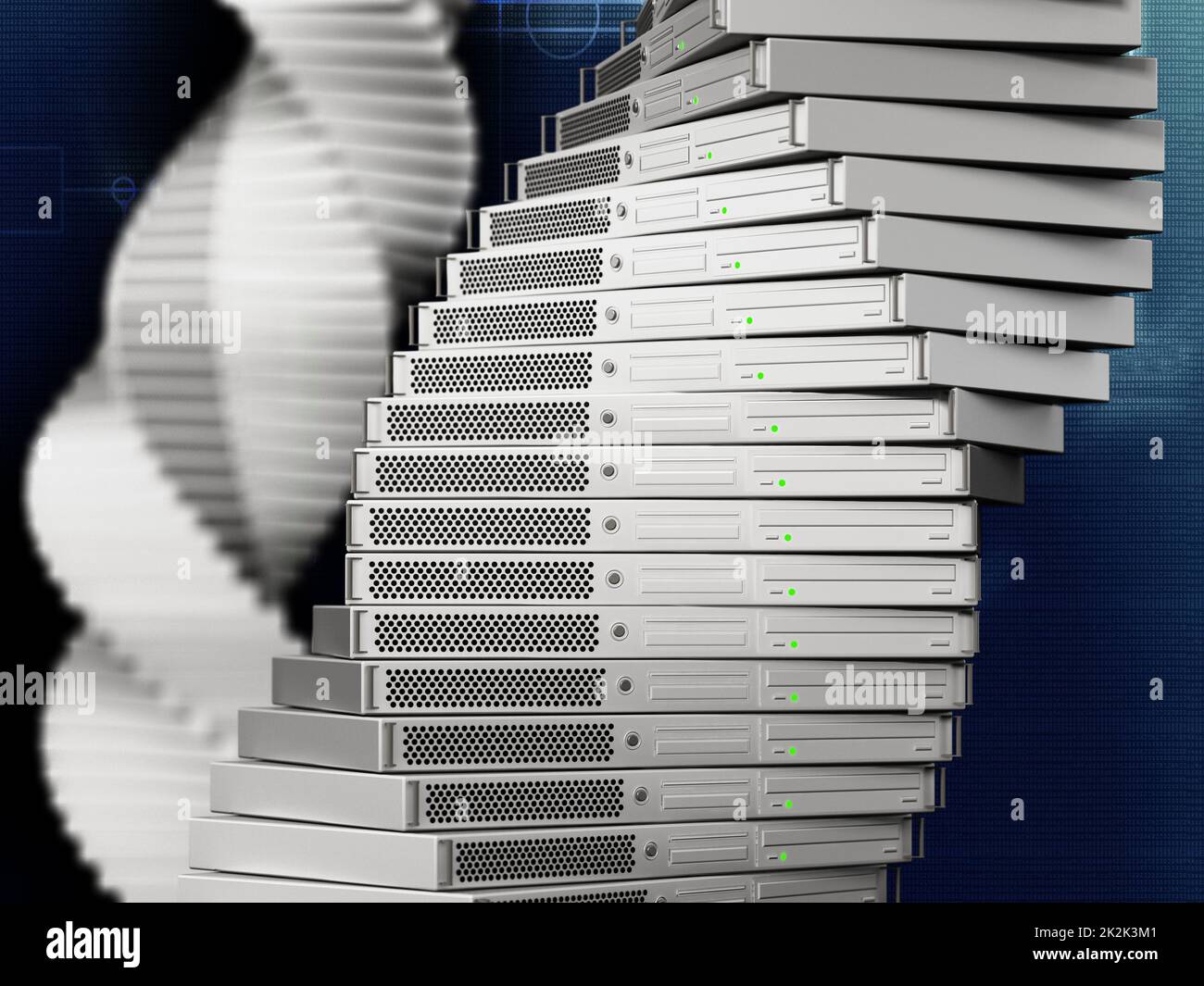 DNA shaped data server units on dark background. 3D illustration Stock ...