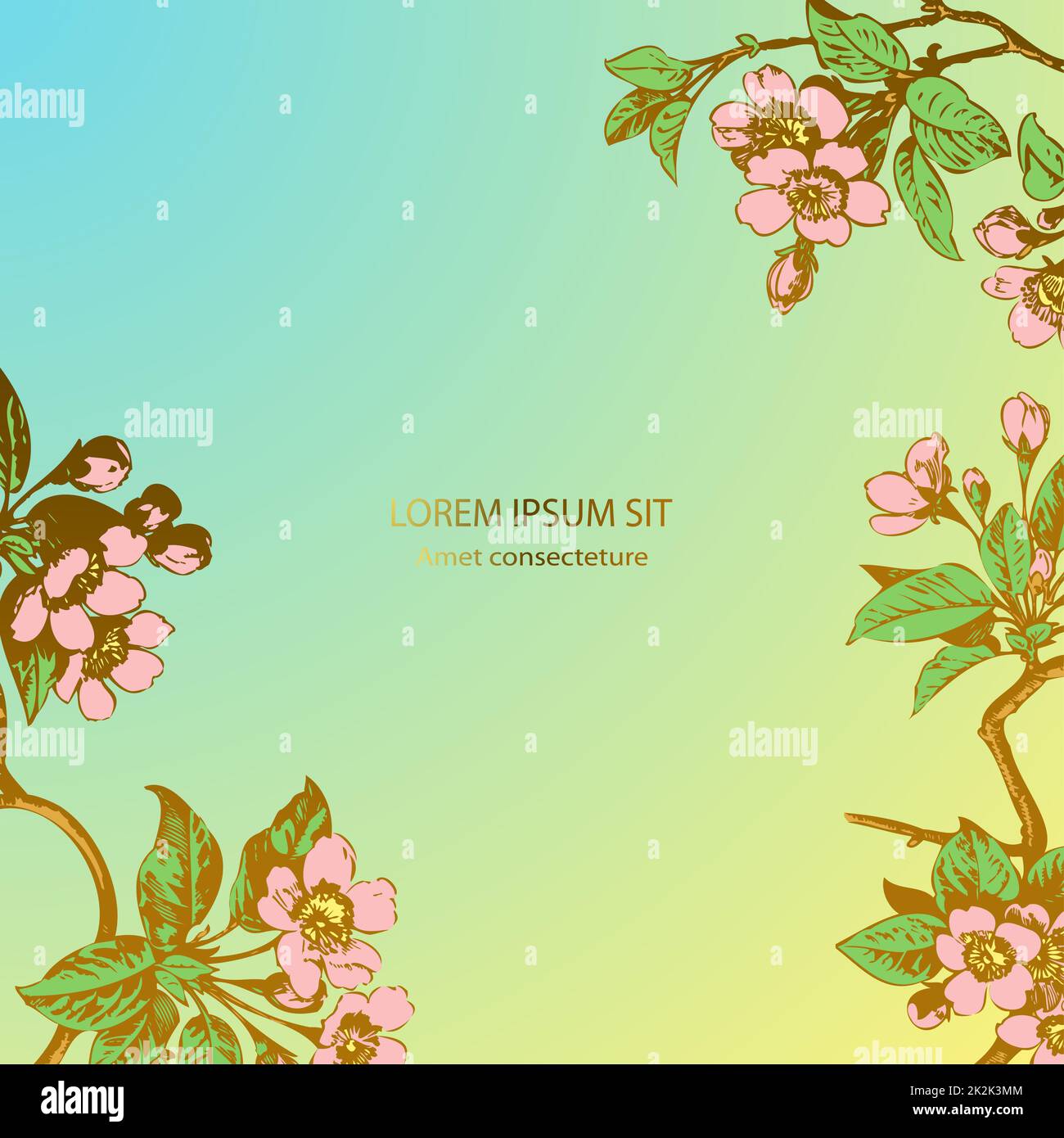 Hand drawn sakura flowers and leaves on branches. Botanical wedding ...