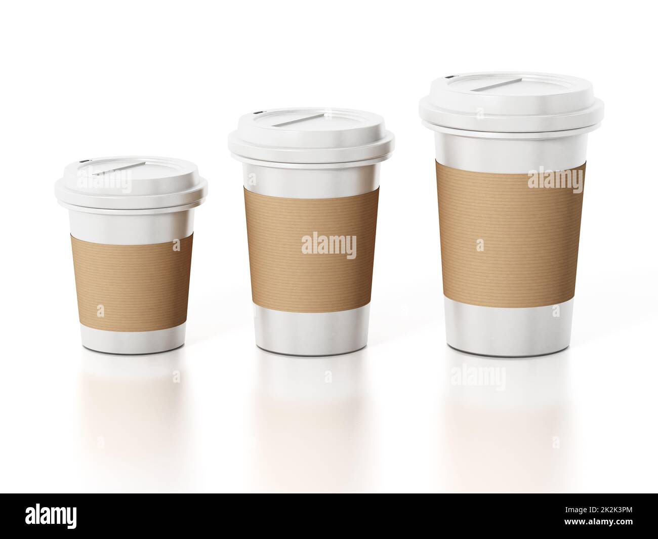 Various sized coffee cups isolated on white background. 3D illustration ...