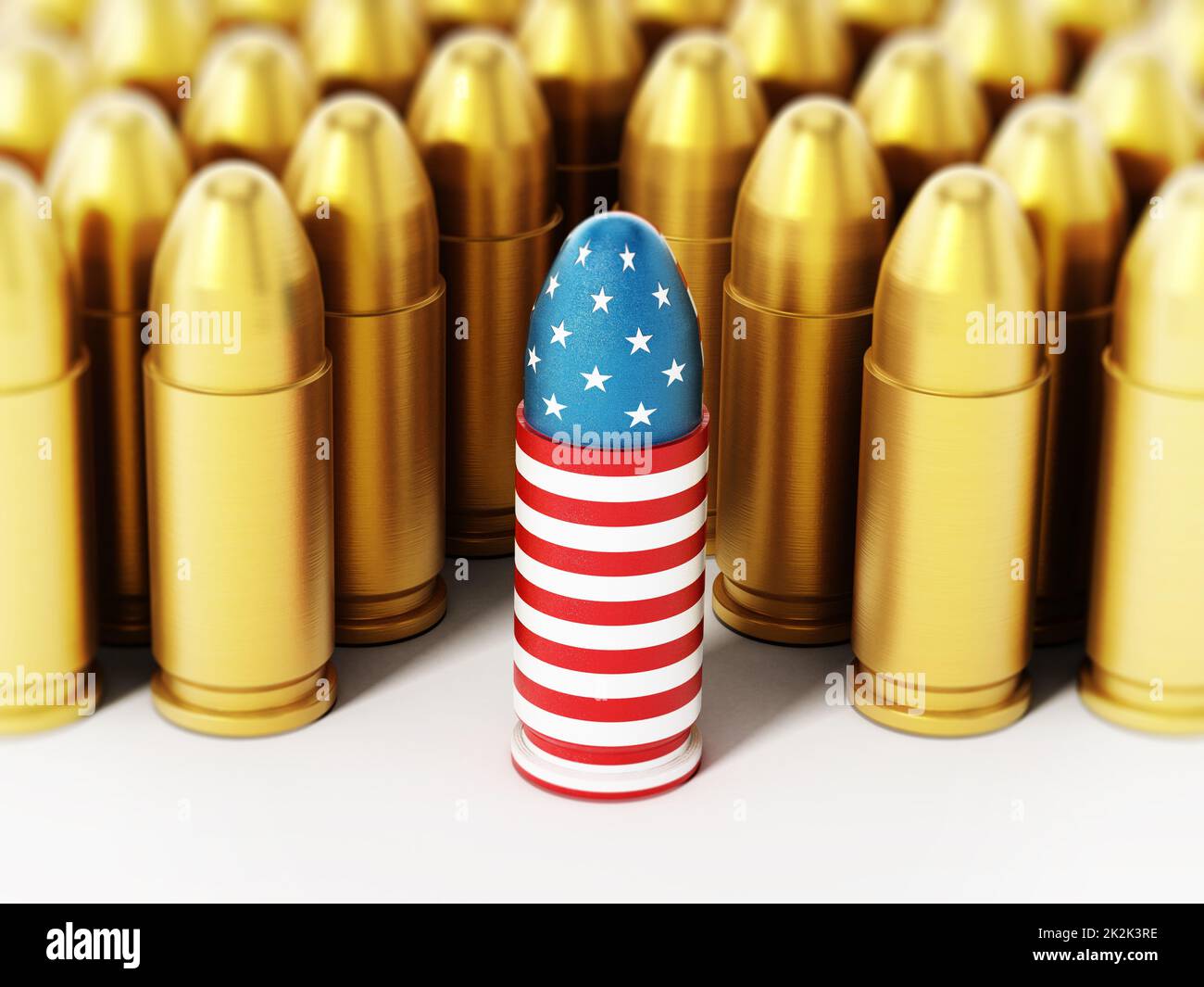 American flag textured bullet among yellow bullets. 3D illustration ...