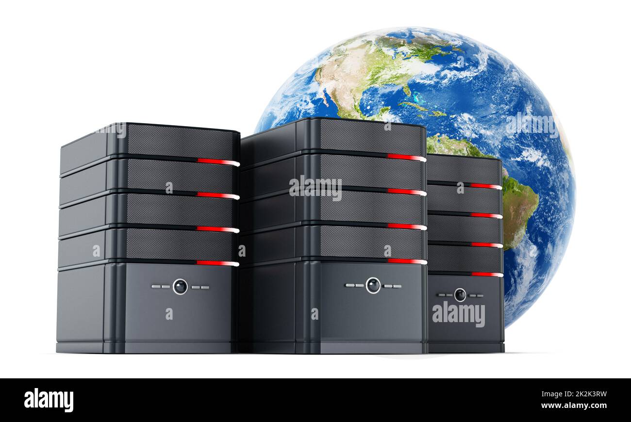 Black computer cases in front of the earth model. 3D illustration Stock ...