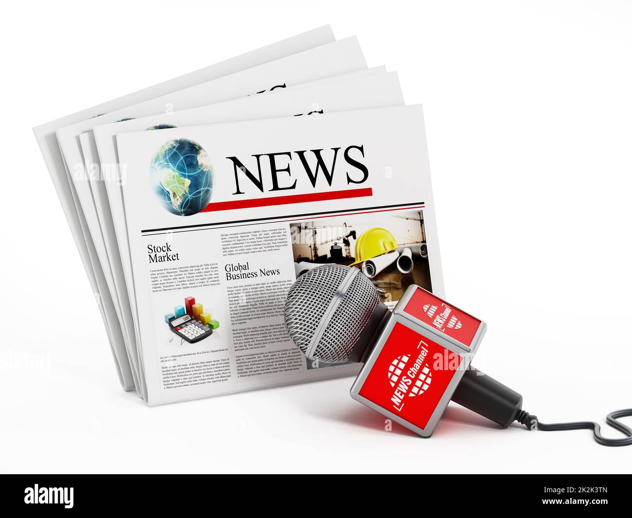 Newspaper and microphone isolated on white background. 3D illustration ...