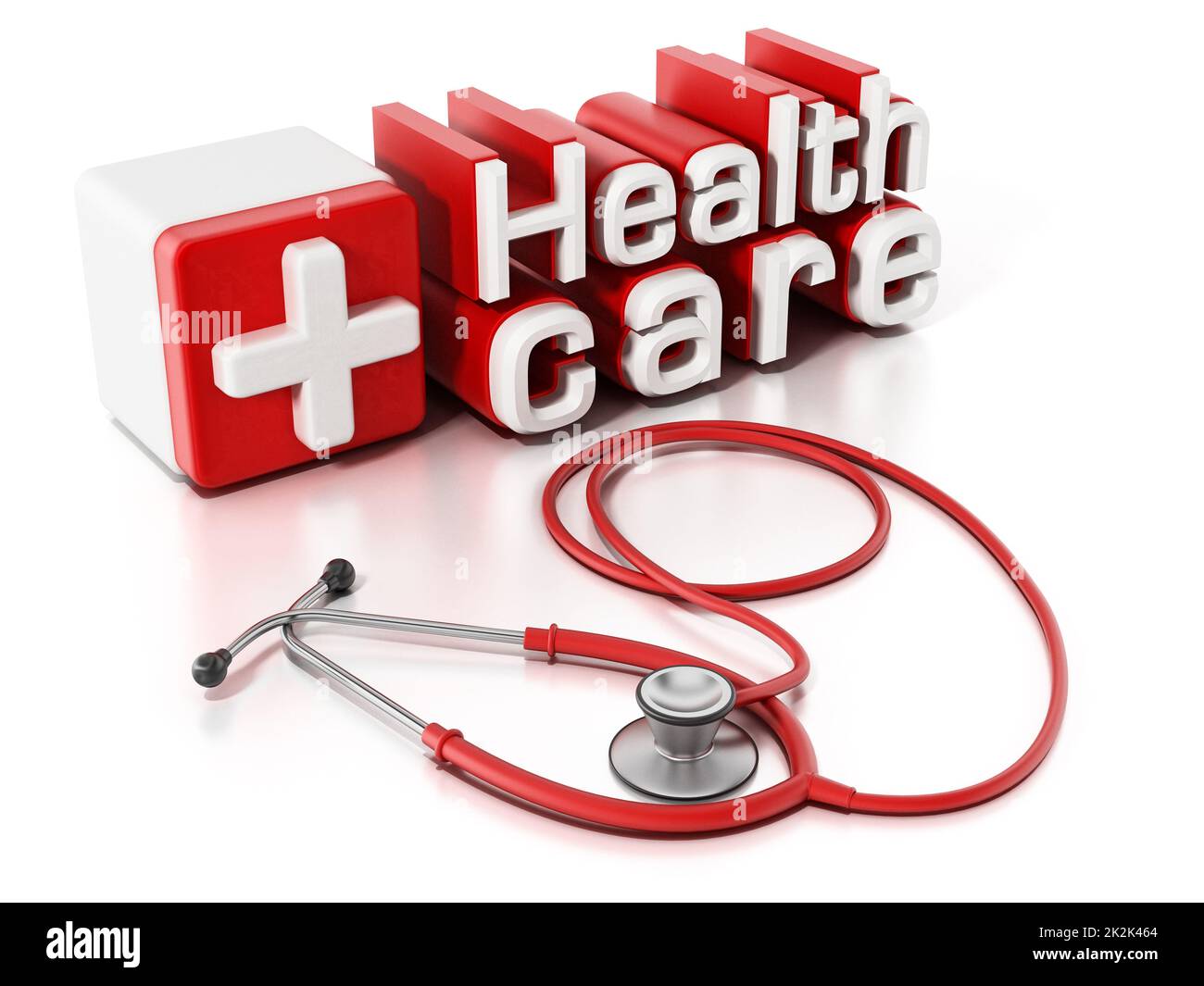 Healthcare text and stethoscope isolated on white background. 3D ...