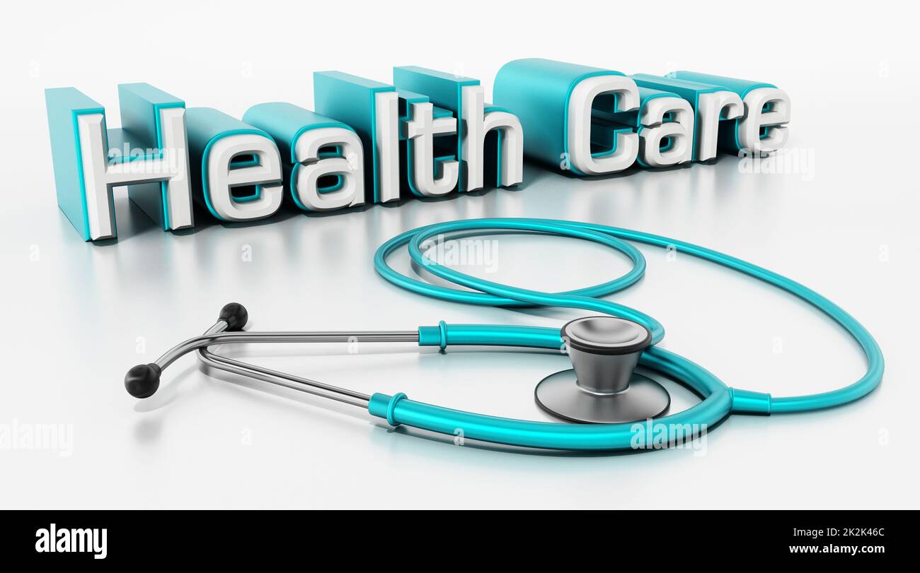 Healthcare text and stethoscope isolated on white background. 3D ...