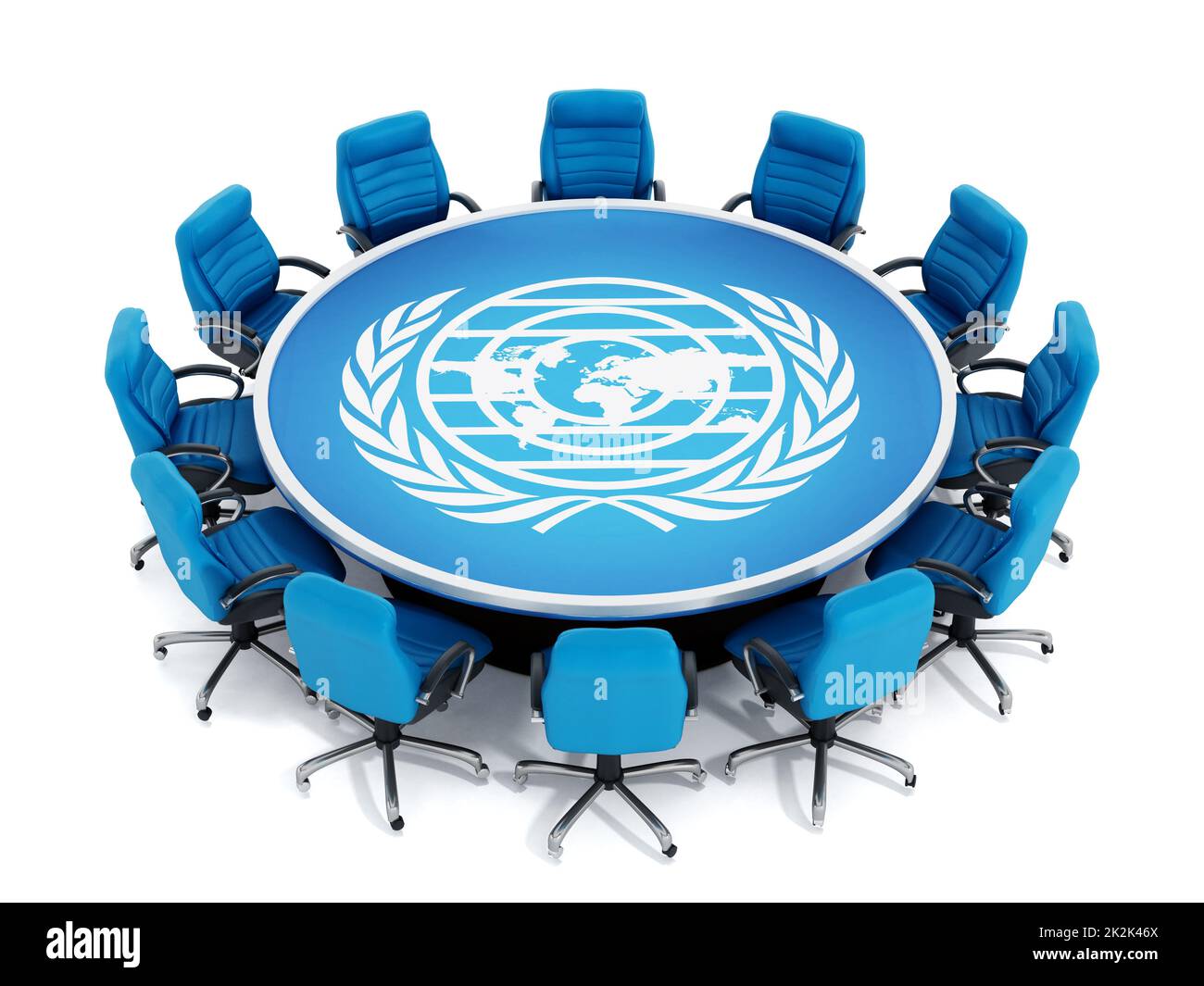 Blue chairs around round table with world and laurels symbol Stock ...