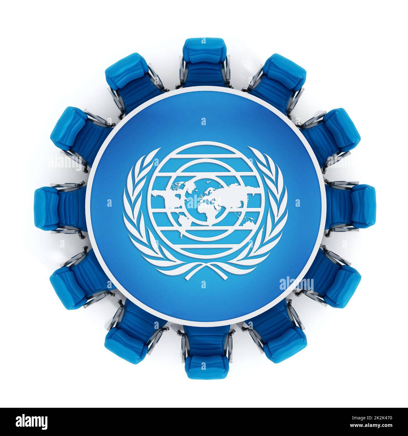 Blue chairs around round table with world and laurels symbol Stock ...