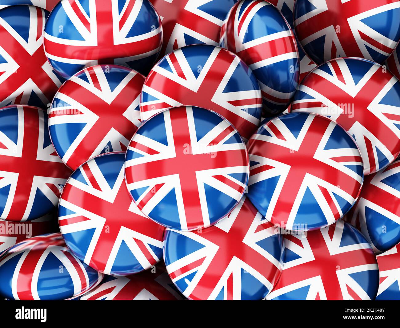 Stack of buttons with British flag. 3D illustration Stock Photo - Alamy