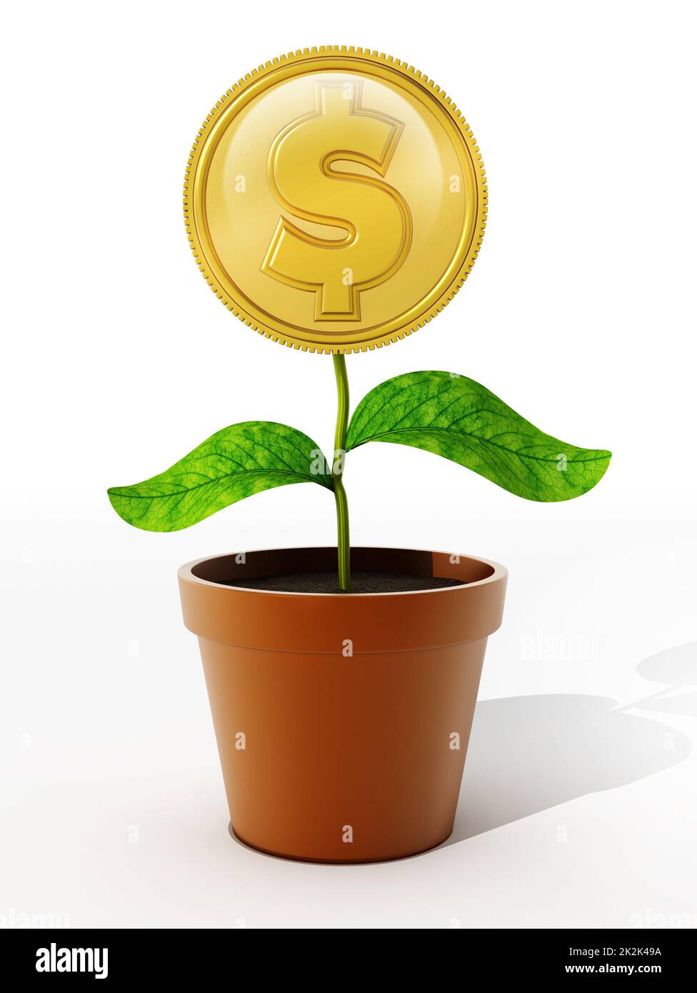 Gold coin with dollar sign on the flower pot. 3D illustration Stock ...