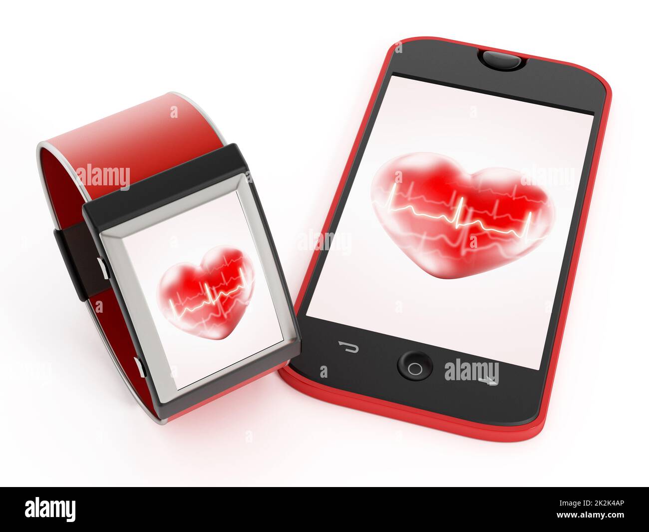 Smartphone and smartwatch with heart icon on the screen. 3D ...