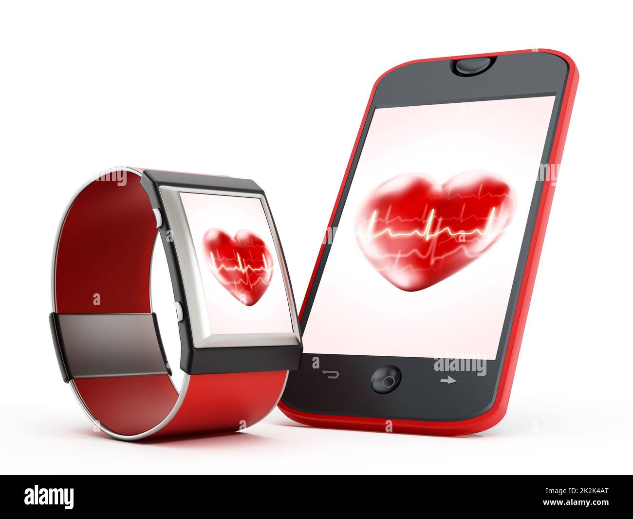 Smartphone and smartwatch with heart icon on the screen. 3D ...