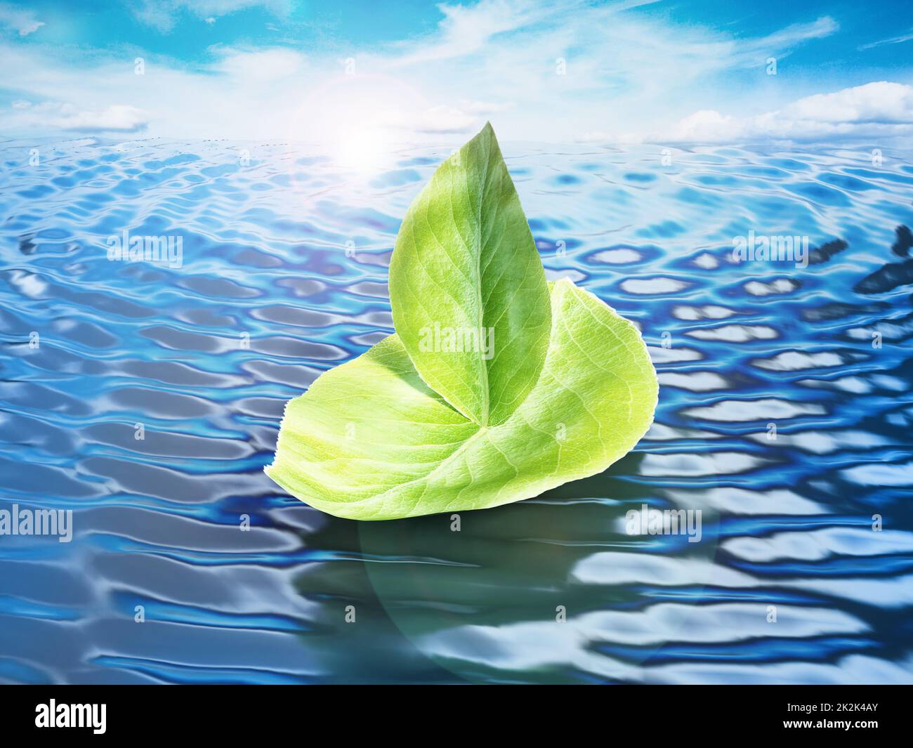 Green leaves forming a ship floating on sea level. 3D illustration ...