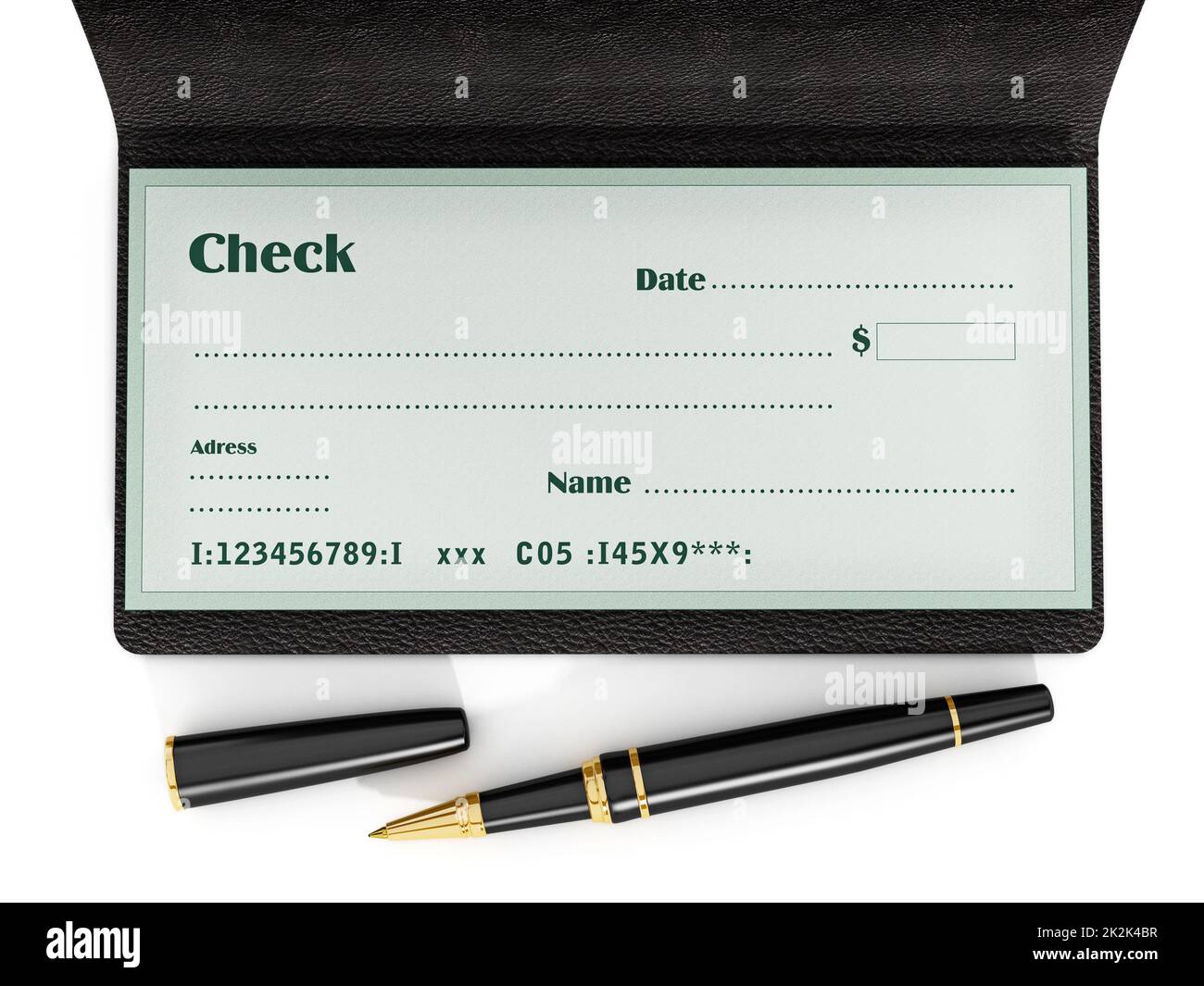 Pen standing on chekbook isolated on white background. 3D illustration ...