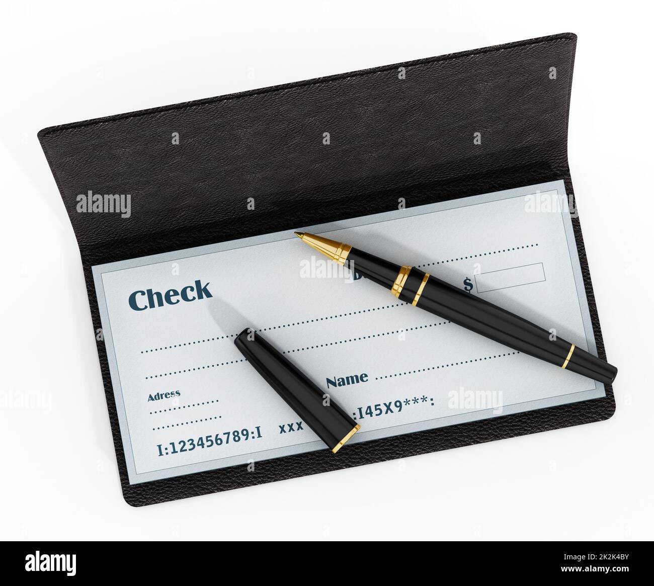 Pen standing on chekbook isolated on white background. 3D illustration ...