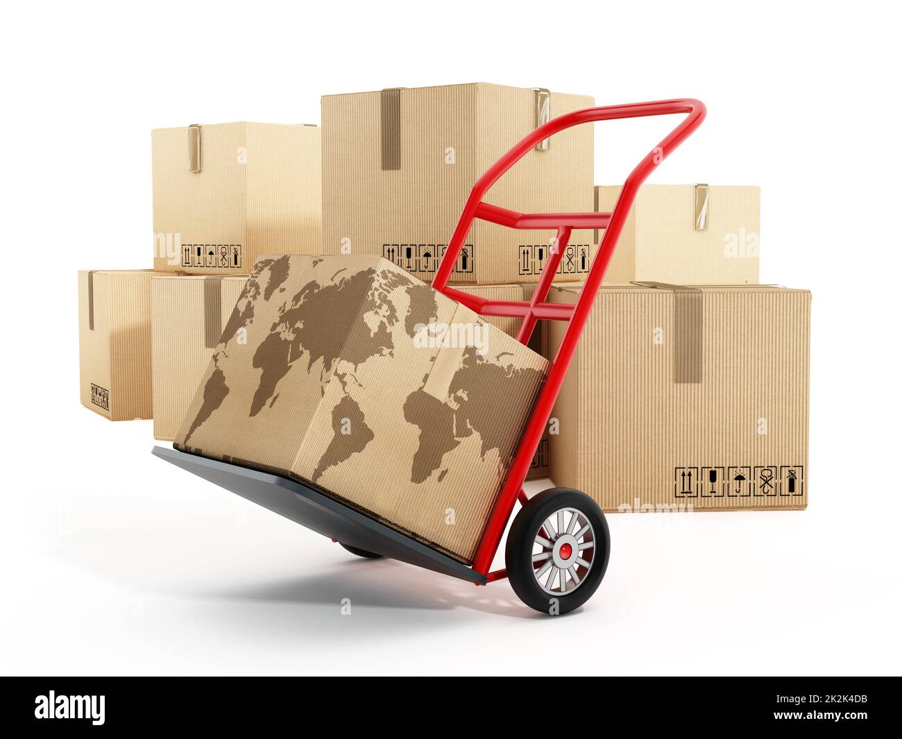 Cardboard boxes with earth shape on truck hand trolley. 3D illustration ...
