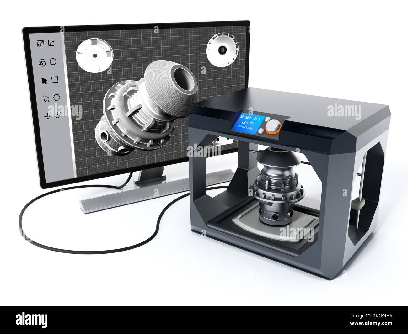 3D product design software and 3D printer. 3D illustration Stock Photo ...