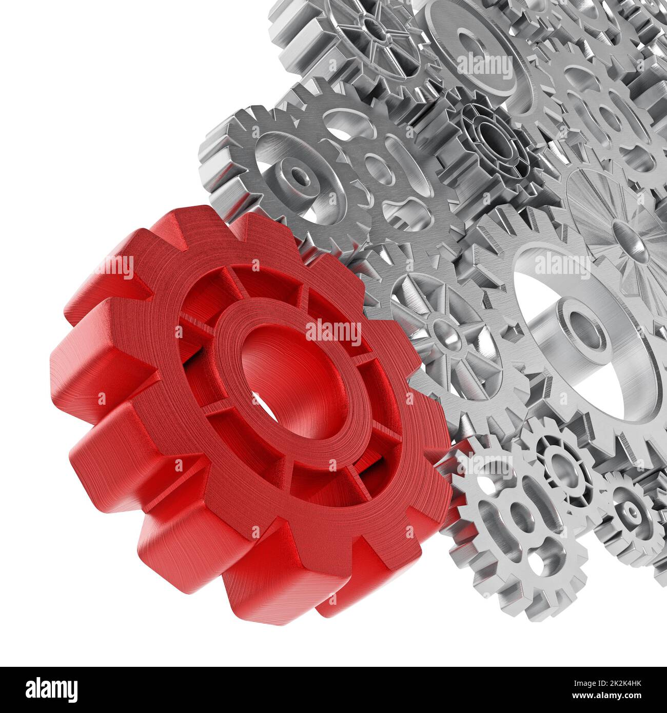 Metal gears connected to big red wheel. 3D illustration Stock Photo - Alamy