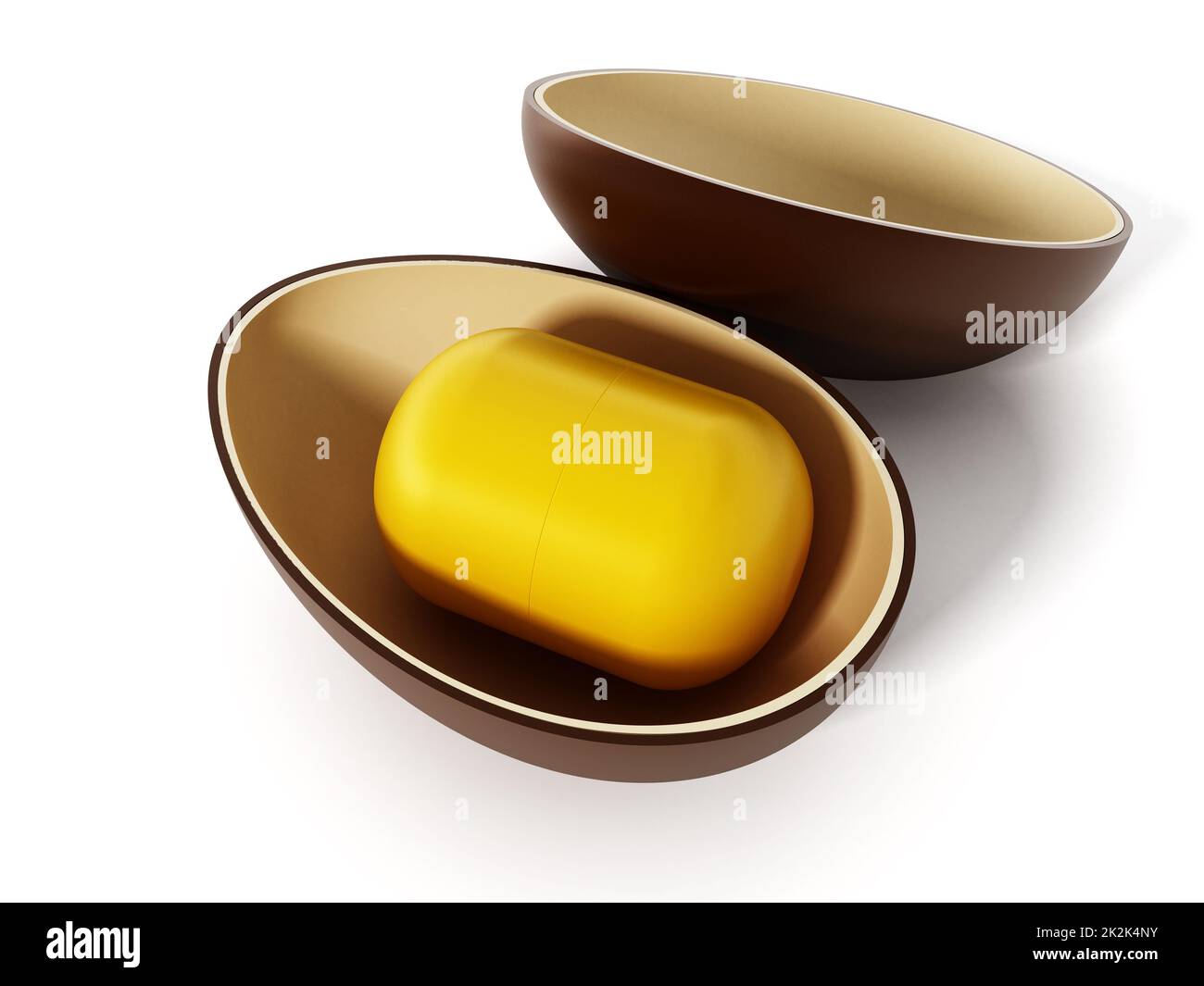 Open egg surprise with yellow capsule. 3D illustration Stock Photo - Alamy