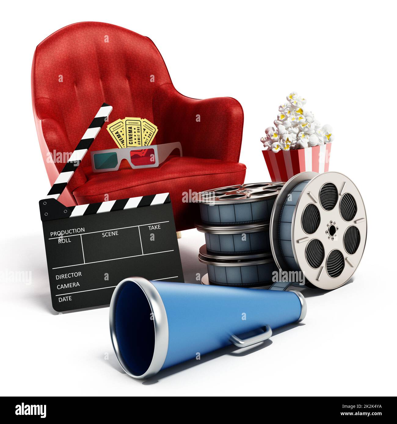 Red seat, pop corn, film reel and slate. 3D illustration Stock Photo ...