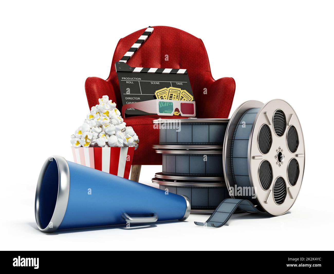 Red seat, pop corn, film reel and slate. 3D illustration Stock Photo ...