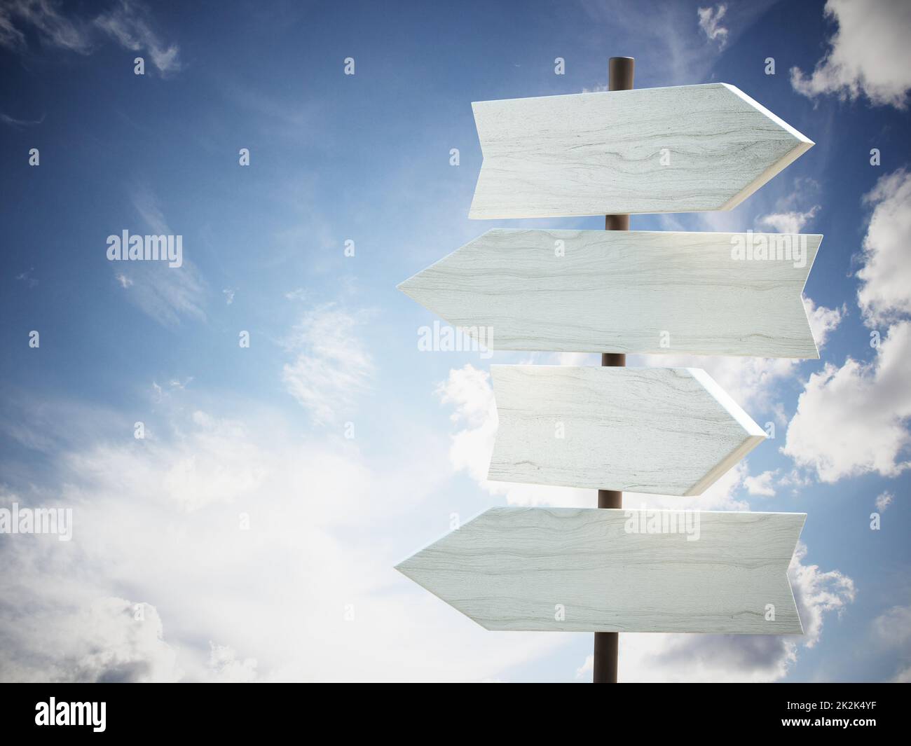 Signboard with blank arrows against sky background. 3D illustration ...