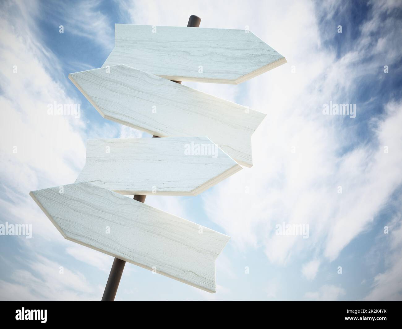 Signboard with blank arrows against sky background. 3D illustration ...