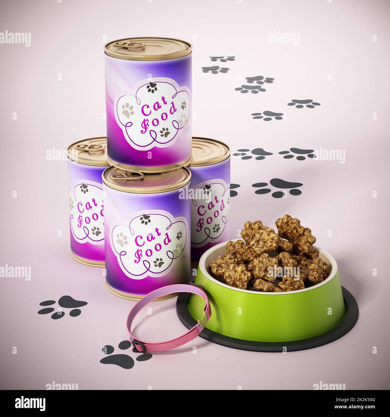 Cat collar, food container and cans. 3D illustration Stock Photo - Alamy