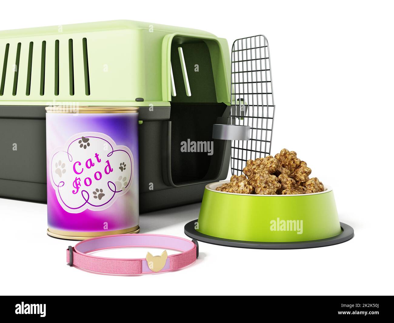 Cat collar, carrier and food isolated on white background. 3D ...