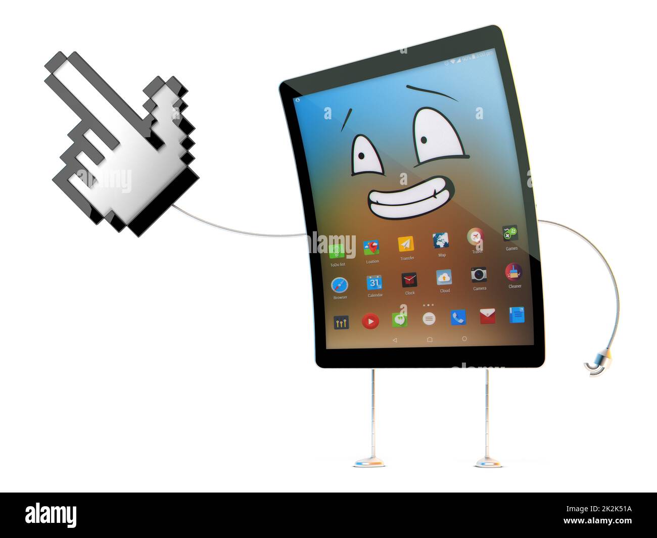 3d Tablet character pointing at invisible object. Isolated. Contains ...