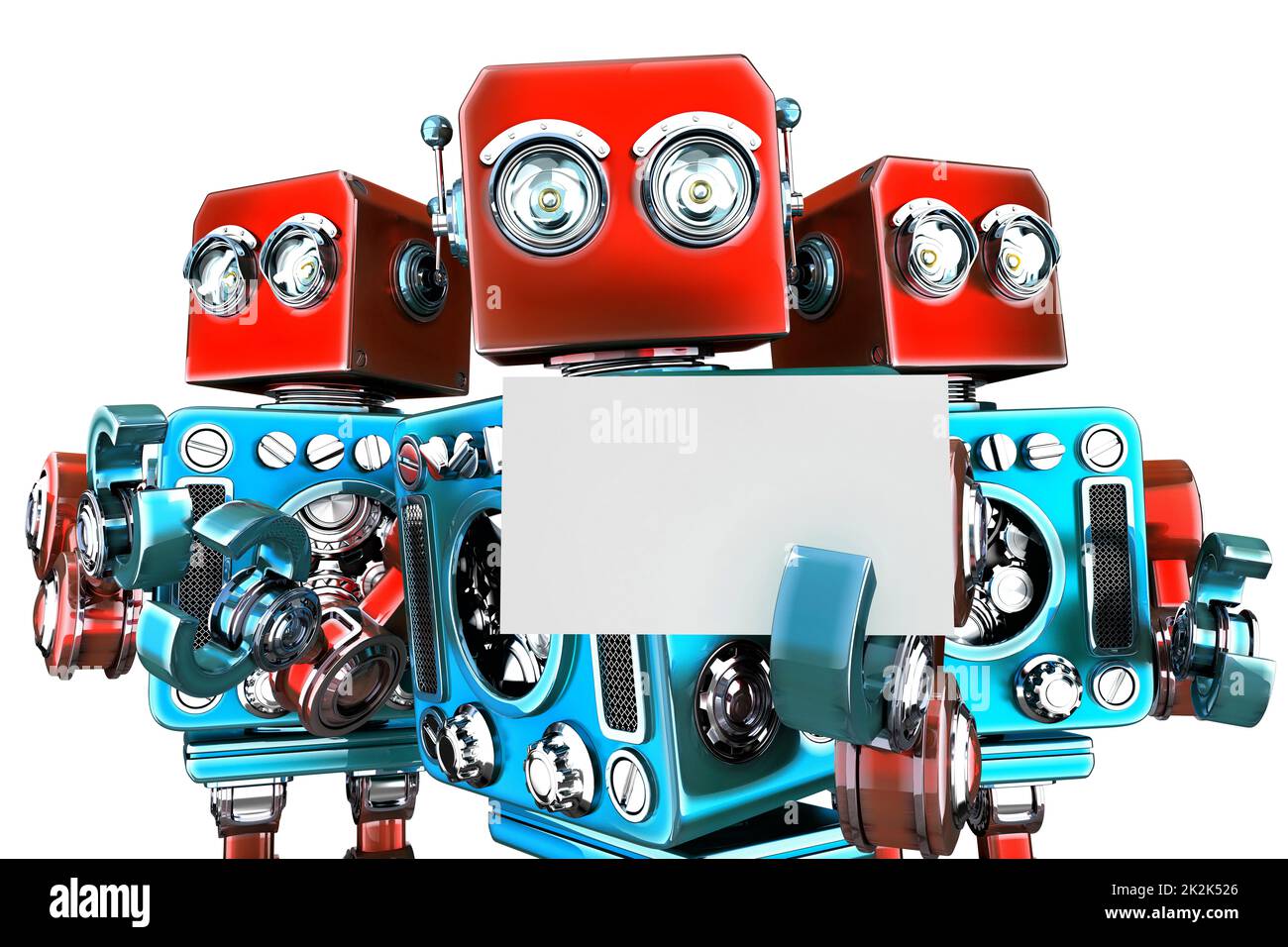 Group of robots holding white business card. Isolated. Clipping path ...