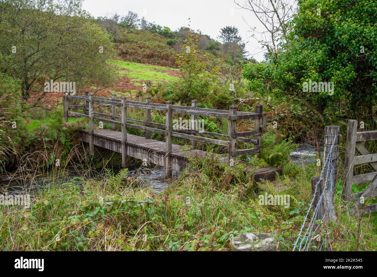 Wooden bridge at DevilÂ´s Jump near St Advent in northern Cornwall UK ...